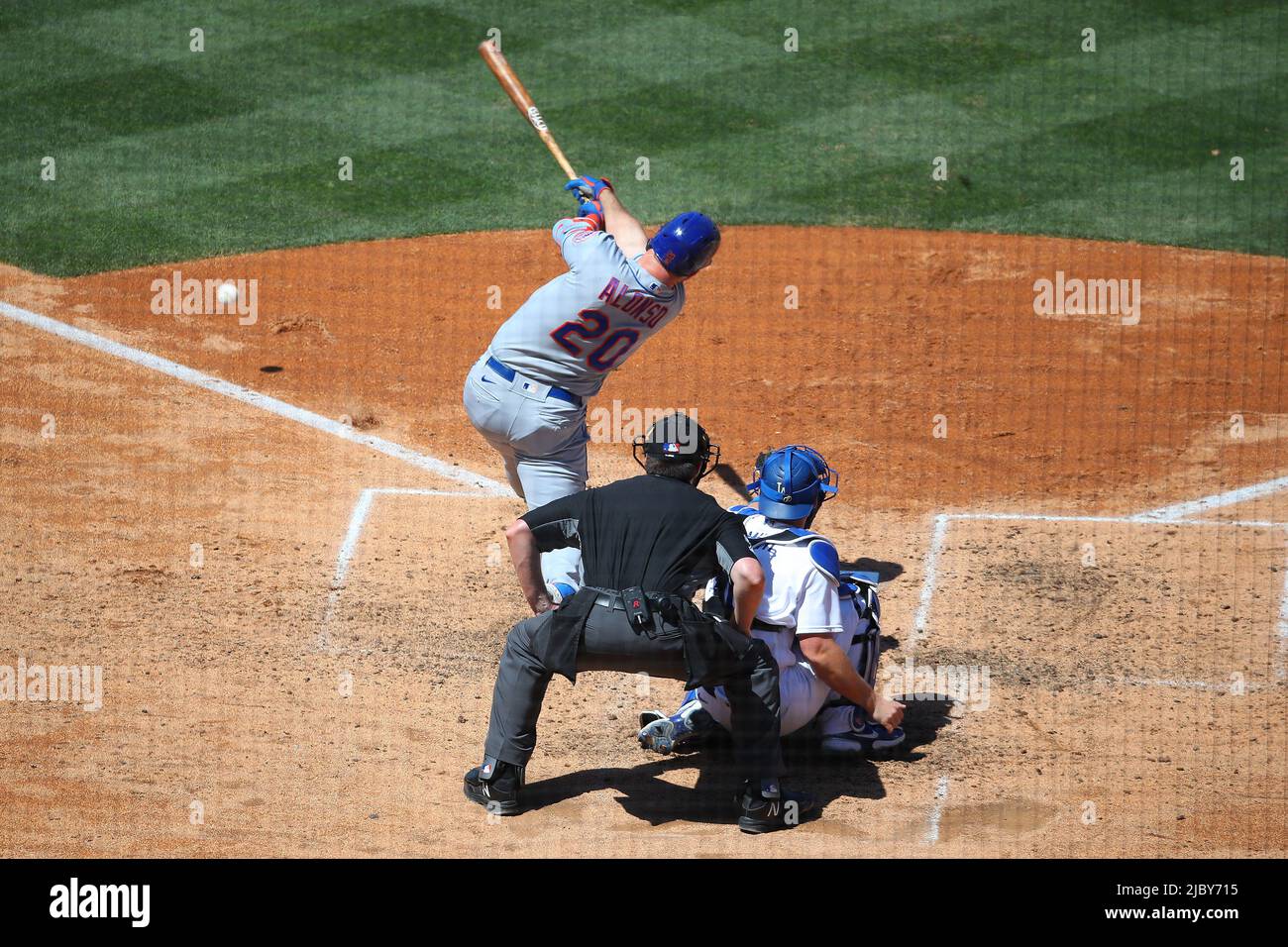 New York Mets first baseman Pete Alonso (20) gets a hit during a MLB ...
