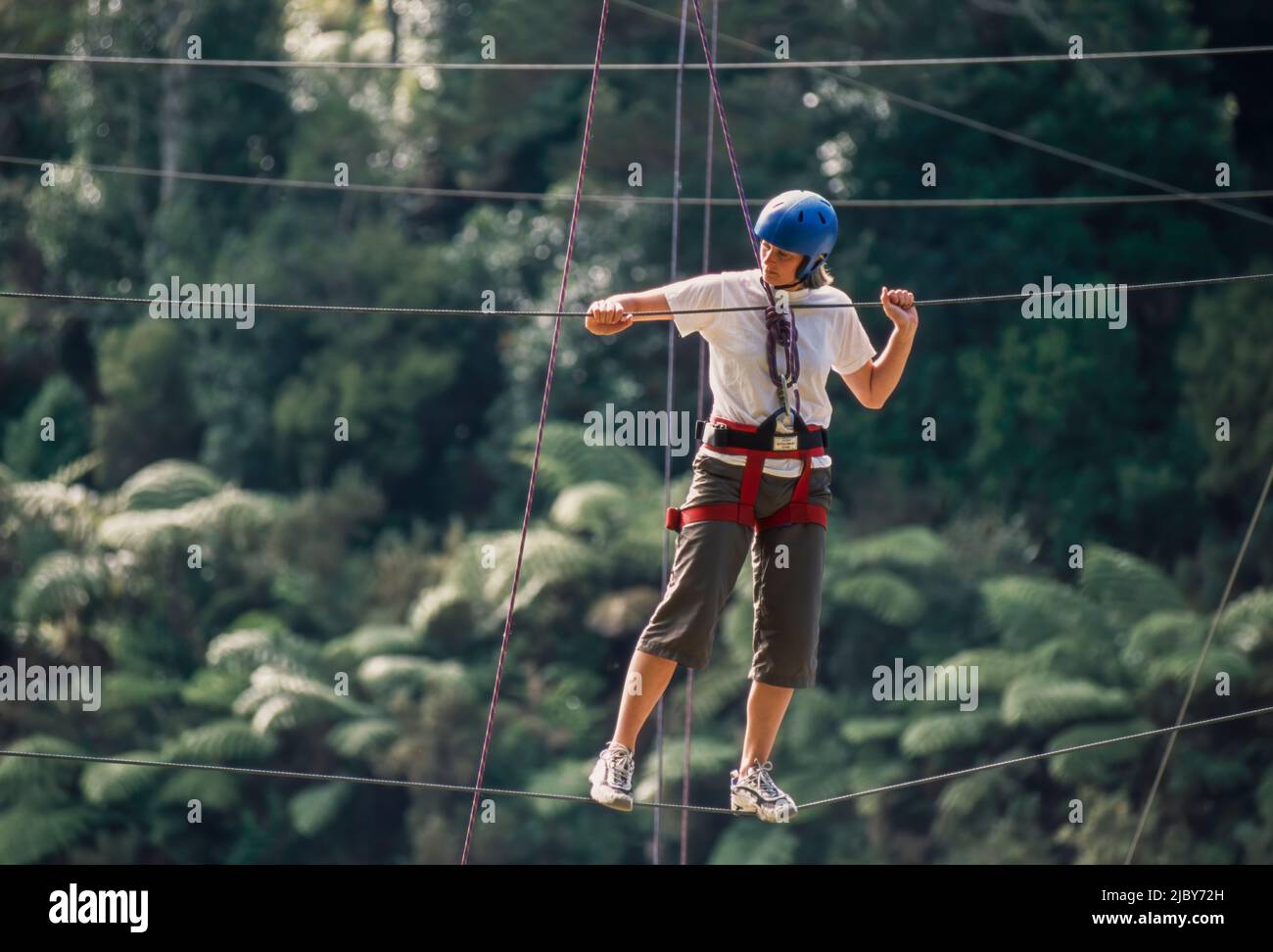 Woman manoeuvring along suspended ropes on outdoor ropes course Stock ...