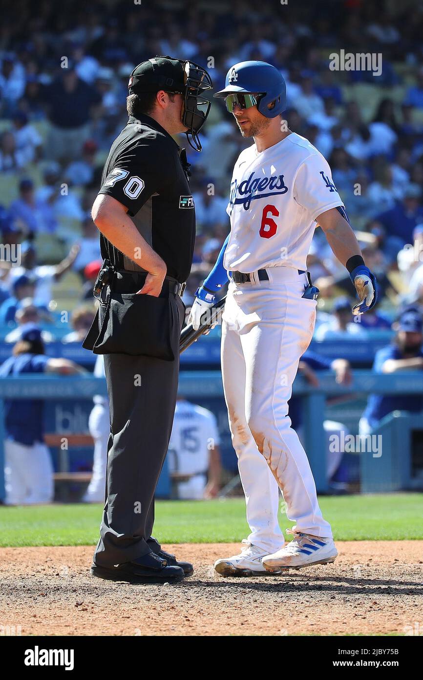 Los Angeles Dodgers shortstop Trea Turner (6) argues home plate umpire ...