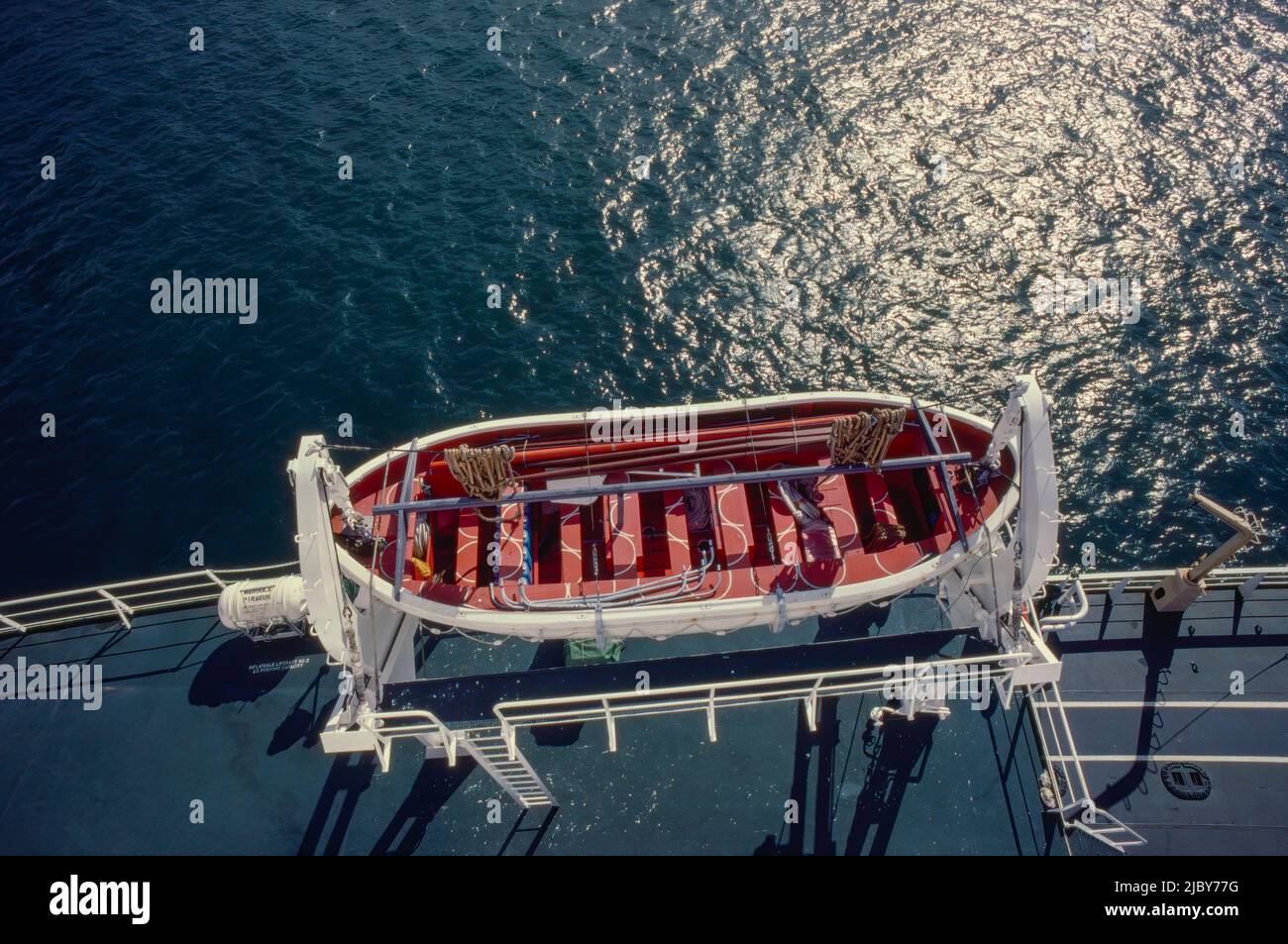 Aerial of Lifeboat on deck of ship and blue ocean Stock Photo - Alamy