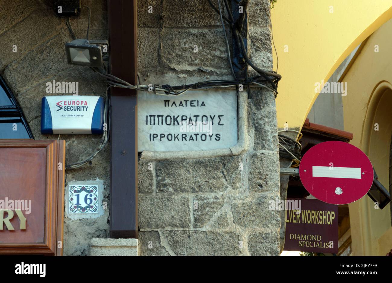 Hipocrates Square sign (Platieia Ippokratoys), Rhodes Old Town, Rhodes ...