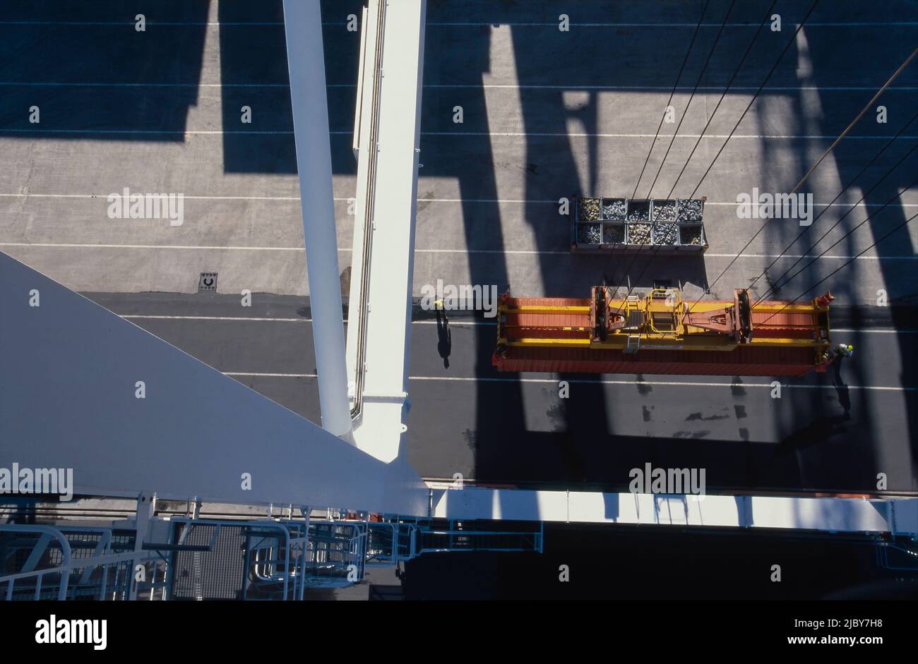 Looking from top of crane down at securred shipping container ready for ...