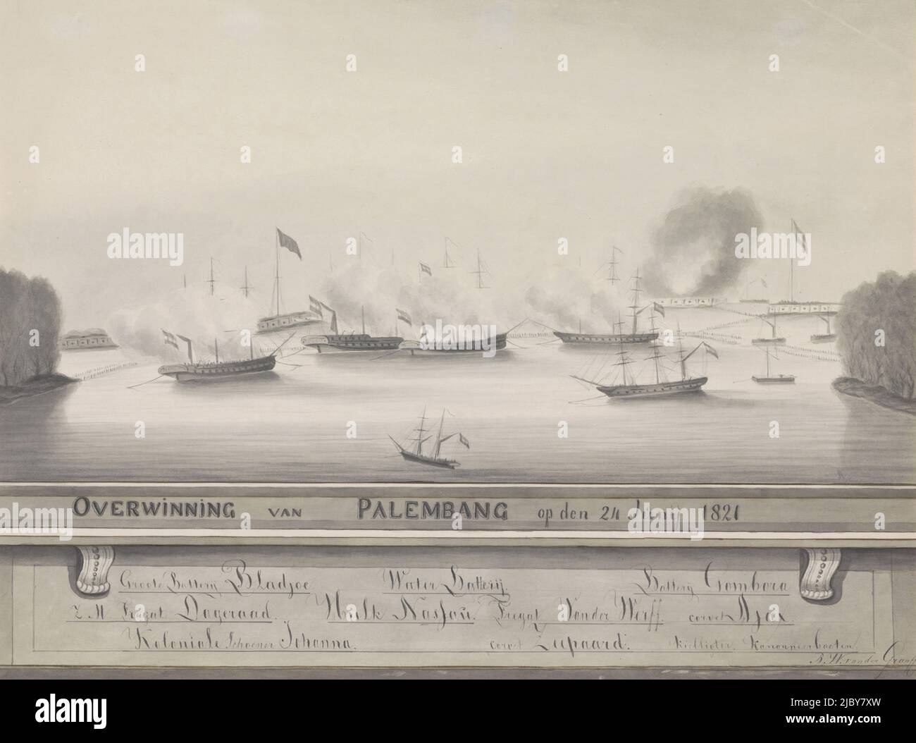 Victory at Palembang, 1821, Barend Willem van der Graaff, 1821, Firing ...