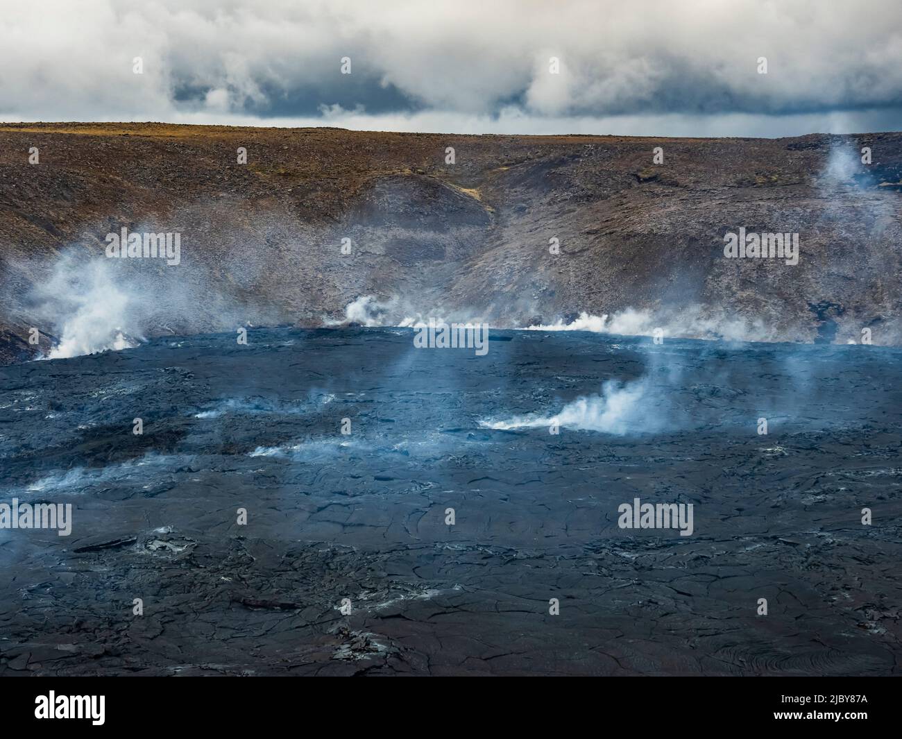 Lava lake filling valley around Fagradalsfjall Volcano, Iceland Stock ...
