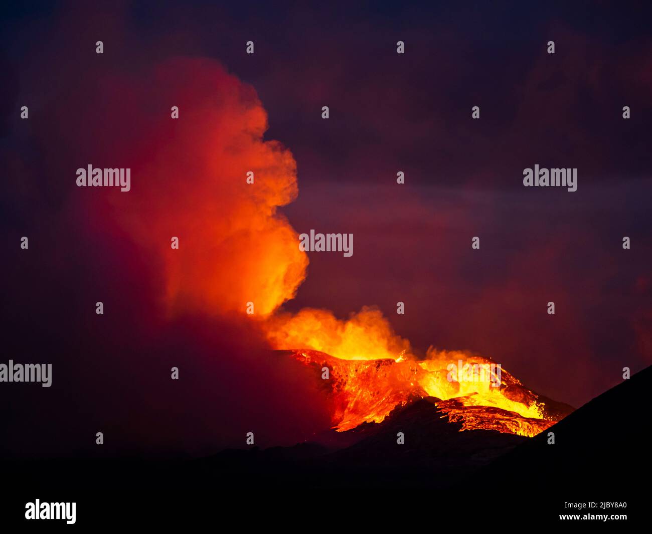 Red bot magma and gas cloud, eruption at night, Fagradalsfjall Volcano ...