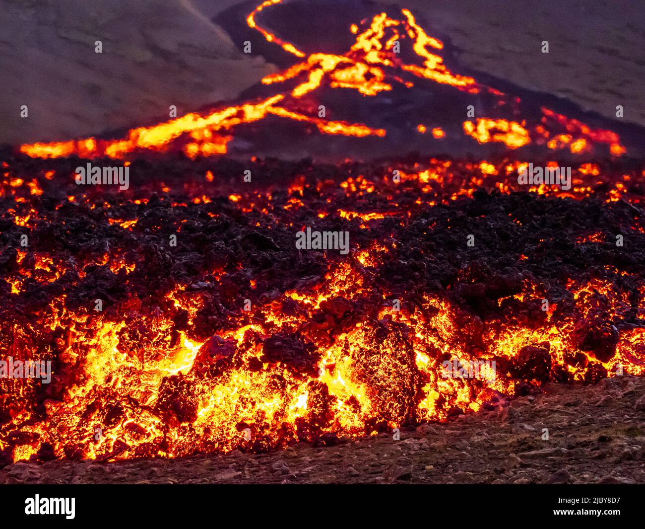 Glowing river of lava from Fagradalsfjall volcanic eruption at ...