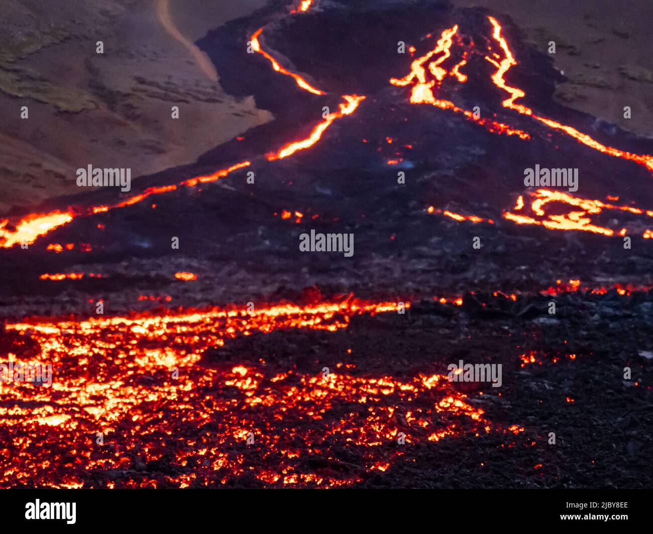 Glowing river of lava from Fagradalsfjall volcanic eruption at ...