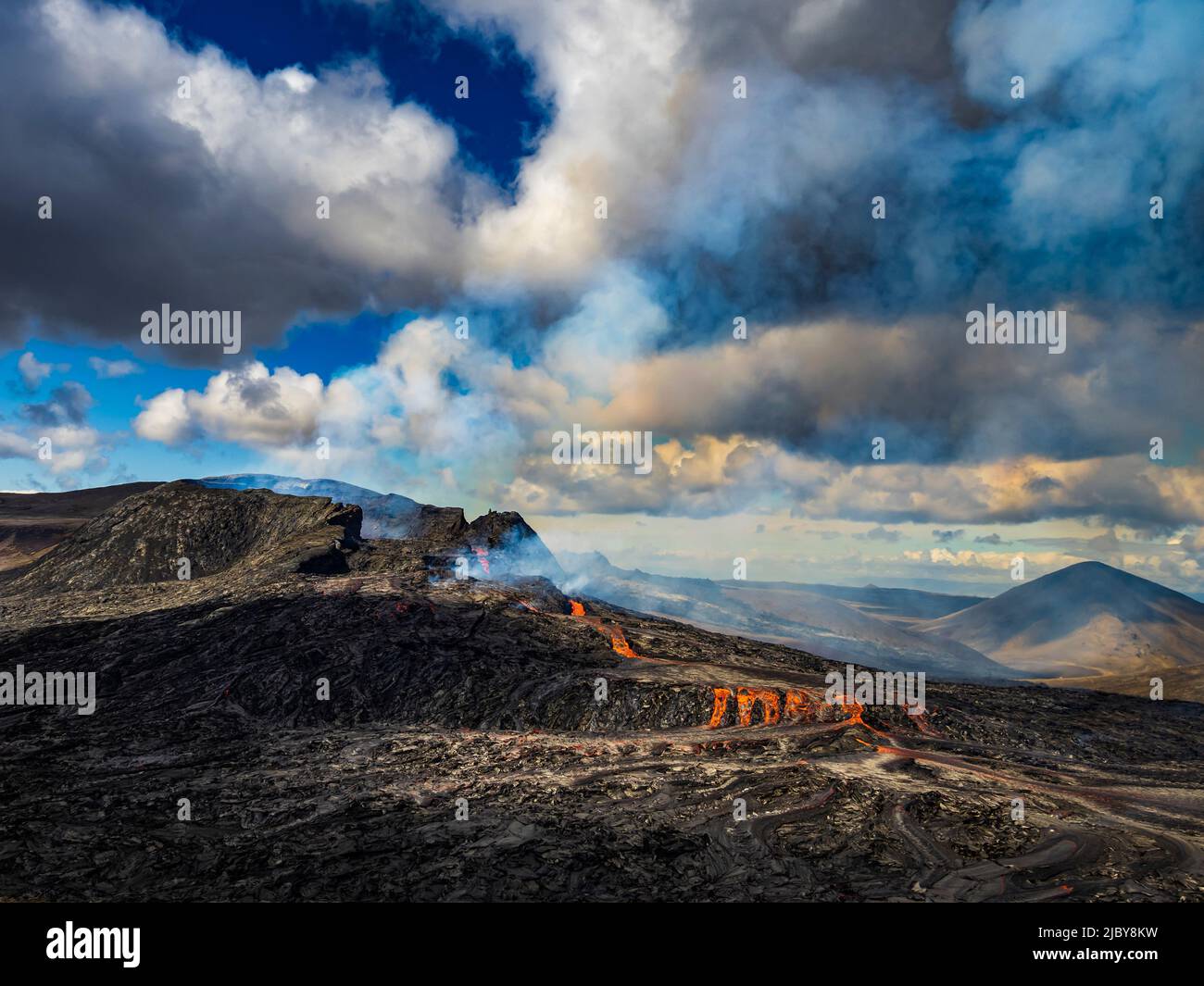 Air photo, lava flows from Fagradalsfjall crater, Volcanic eruption at ...