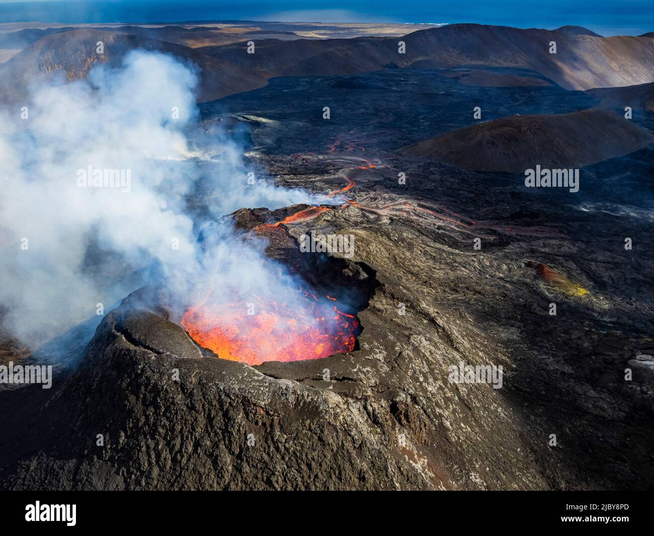 Air photo of Fagradalsfjall crater, Volcanic eruption at Geldingadalir ...