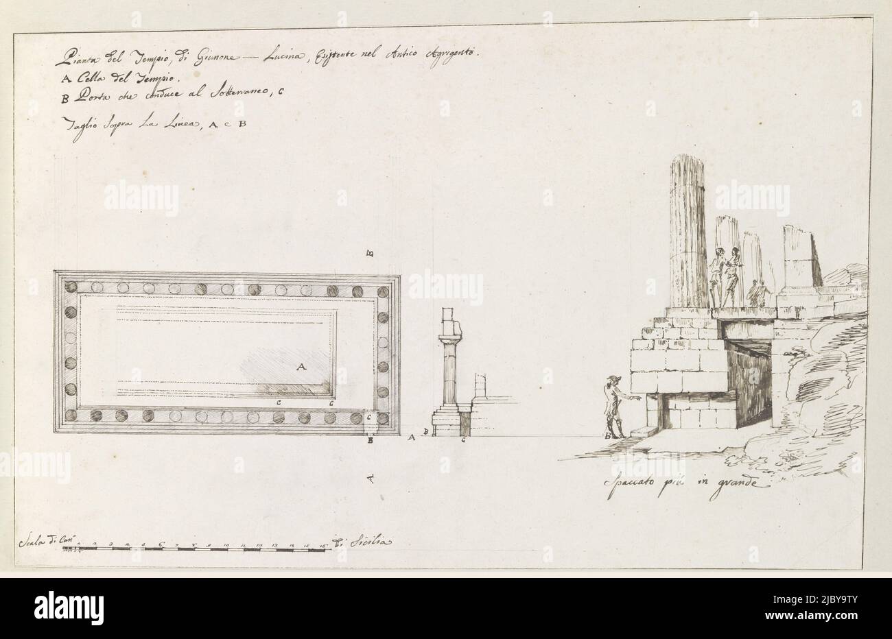 Map and elevation of temple of Juno Lucina in ancient Agrigento, Louis ...