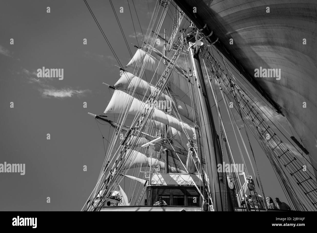 Looking up into rigging of tall ship Sea Cloud, black & white Stock ...
