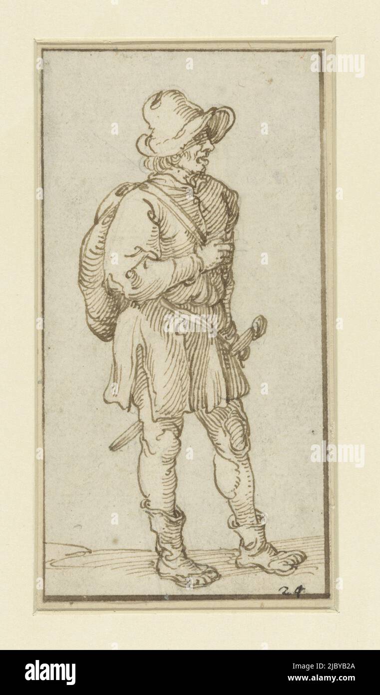 Standing man with backpack and a sword, Hans Sebald Beham (possibly), 1510 - 1550, draughtsman ...