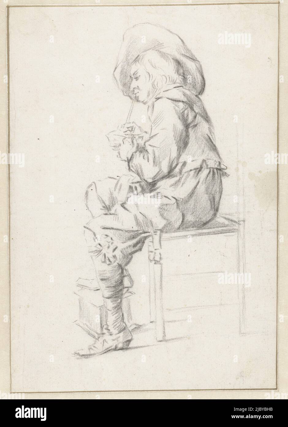 Seated young man lighting his pipe, draughtsman: anonymous, 1600 - 1699, paper, h 295 mm × w 204 ...