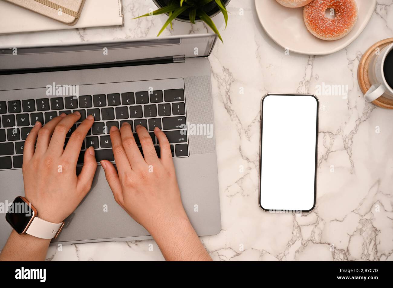 A female freelance using portable laptop computer, typing on keyboard ...