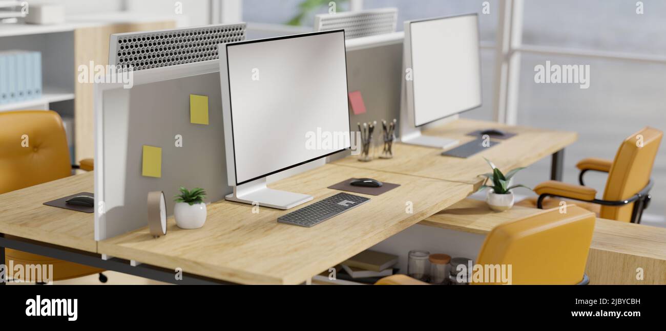 Modern stylish creative office workstation interior design with pc ...