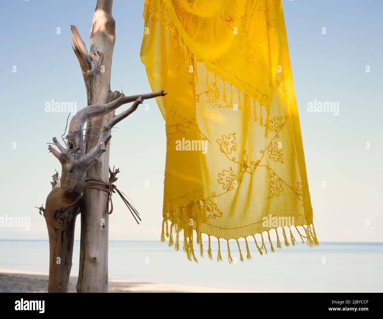 Yellow sarong hanging on driftwood on tropical beach Stock Photo - Alamy