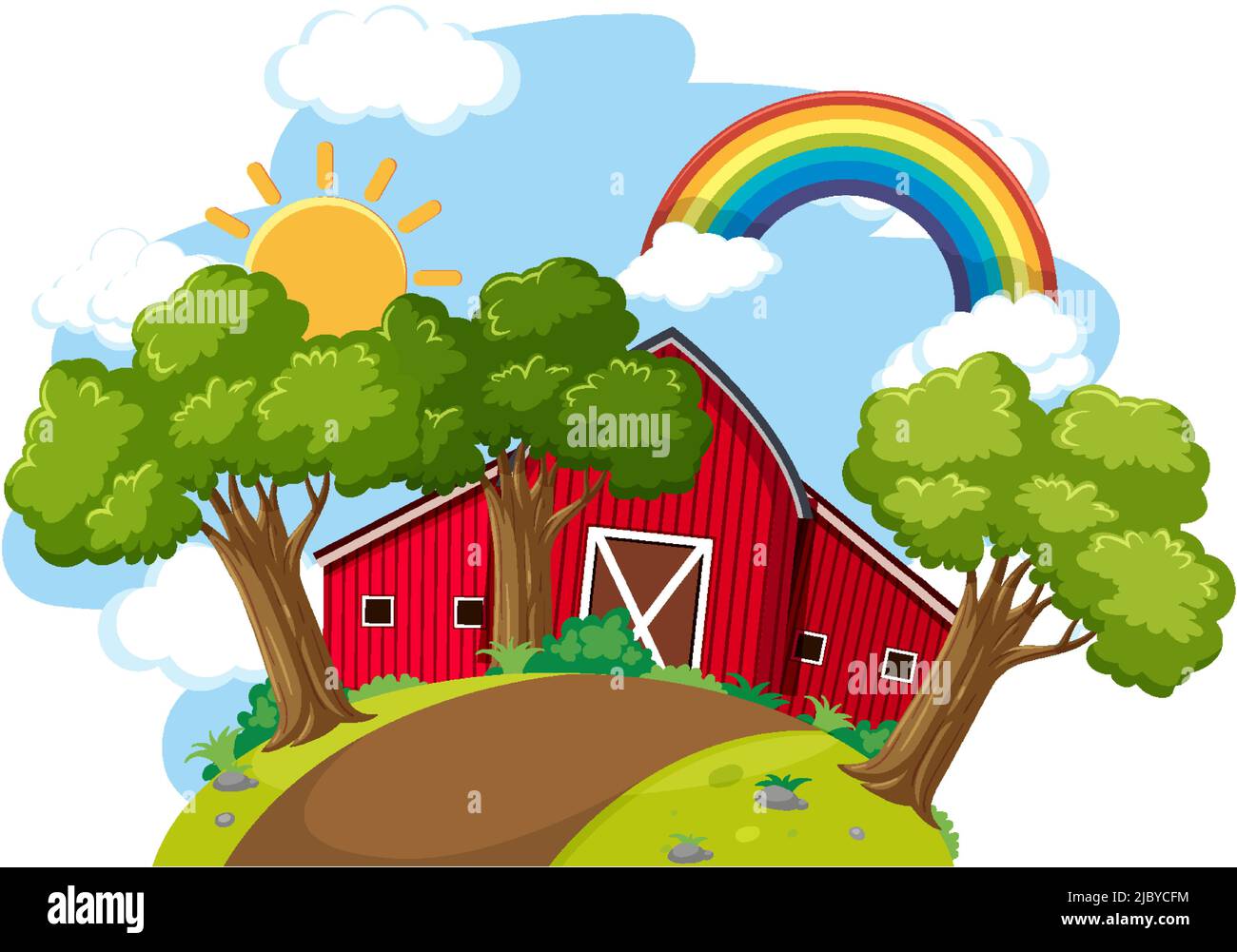Farm barn with tree and rainbow illustration Stock Vector Image & Art ...