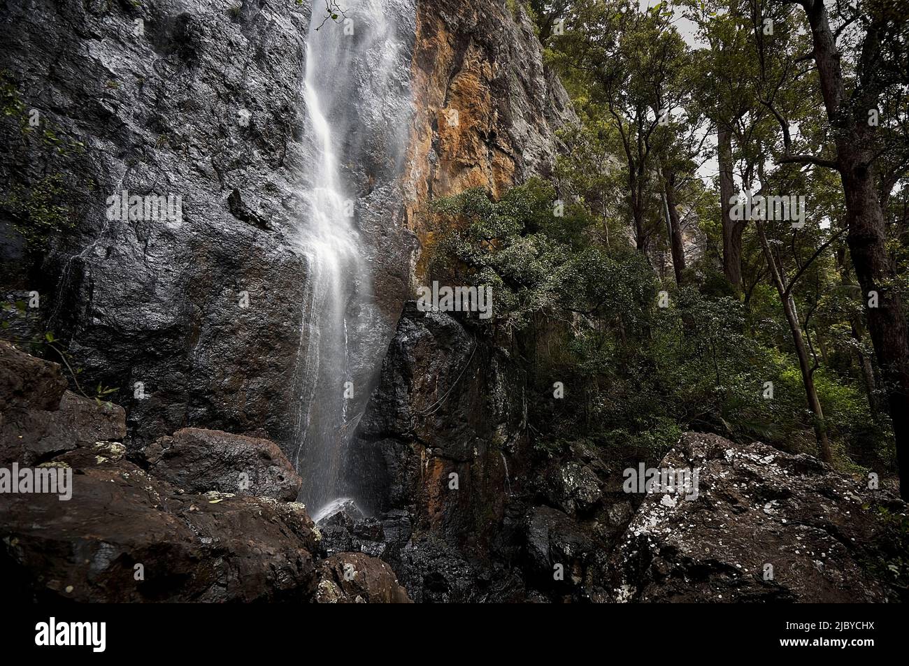 Water falling down rocky surface at Purlingbrook Falls in Springbrook ...