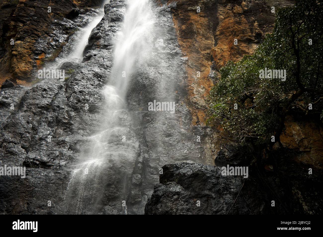 Water falling down rocky surface at Purlingbrook Falls in Springbrook ...
