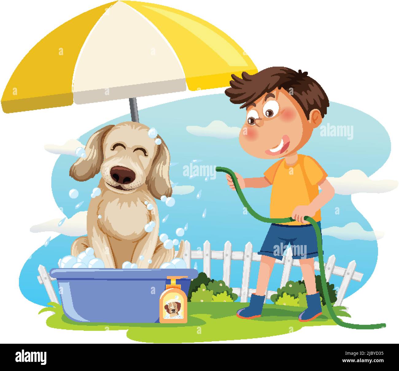 A boy washing his dog cartoon illustration Stock Vector Image & Art - Alamy