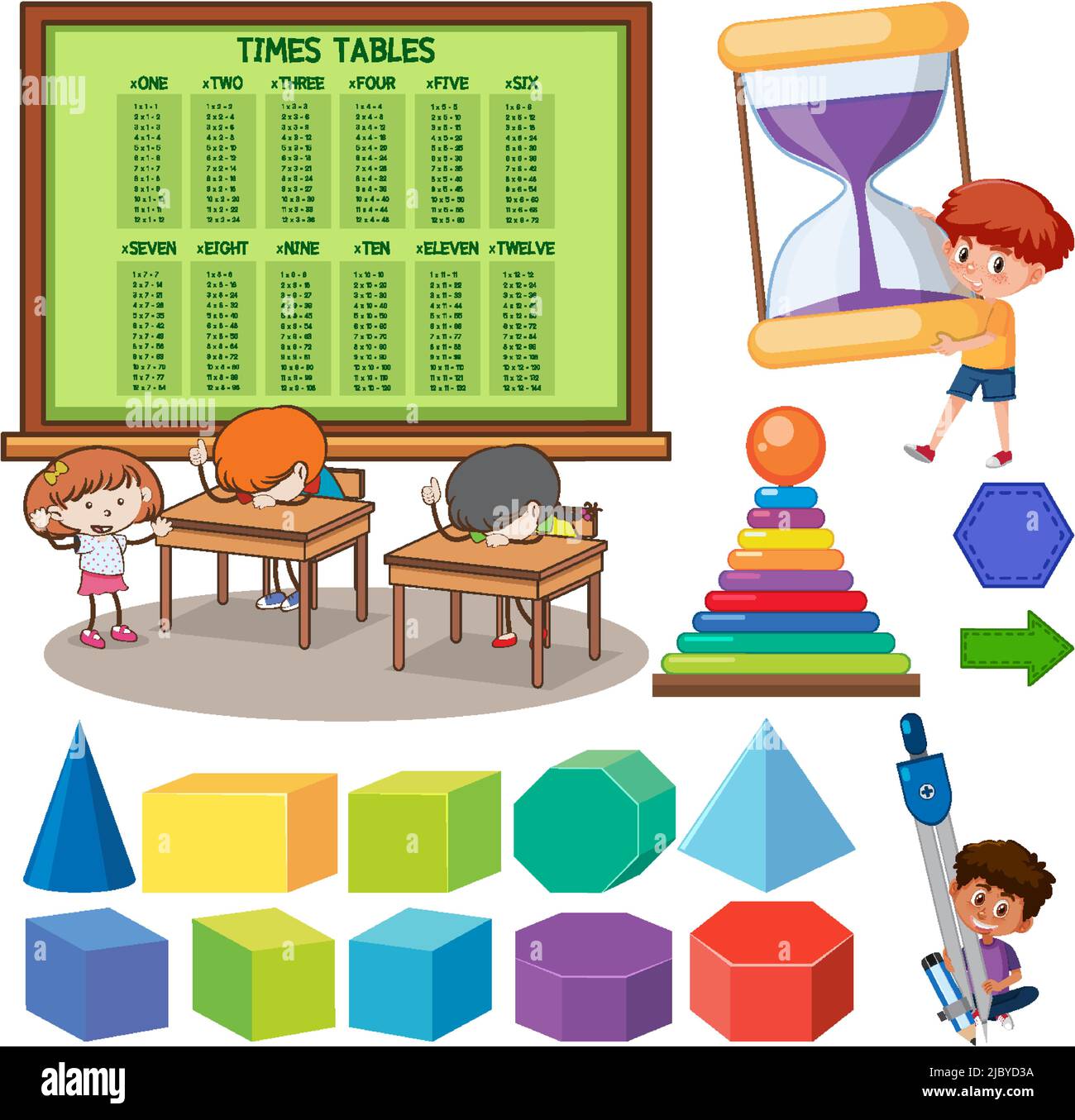 Math classroom objects with supplies and students illustration Stock ...
