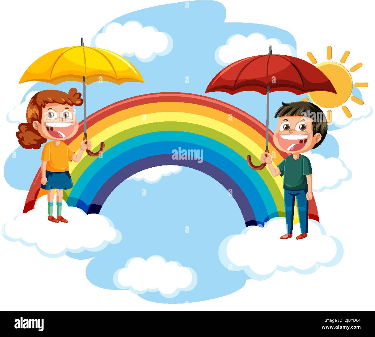 Two kids holding umbrella in the sky illustration Stock Vector Image ...