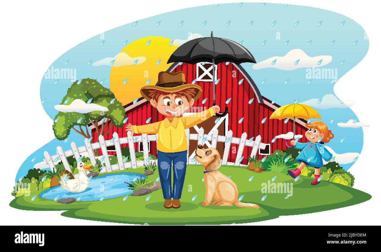 Rainy farm scene with cartoon character illustration Stock Vector Image ...