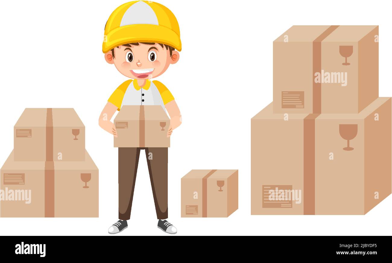 Courier man carrying carton box cartoon illustration Stock Vector Image ...