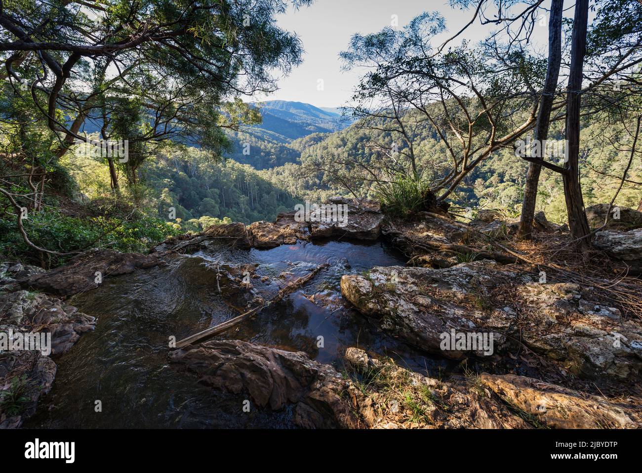 View of Springbrook National Park from rocky ledge with natural pool ...