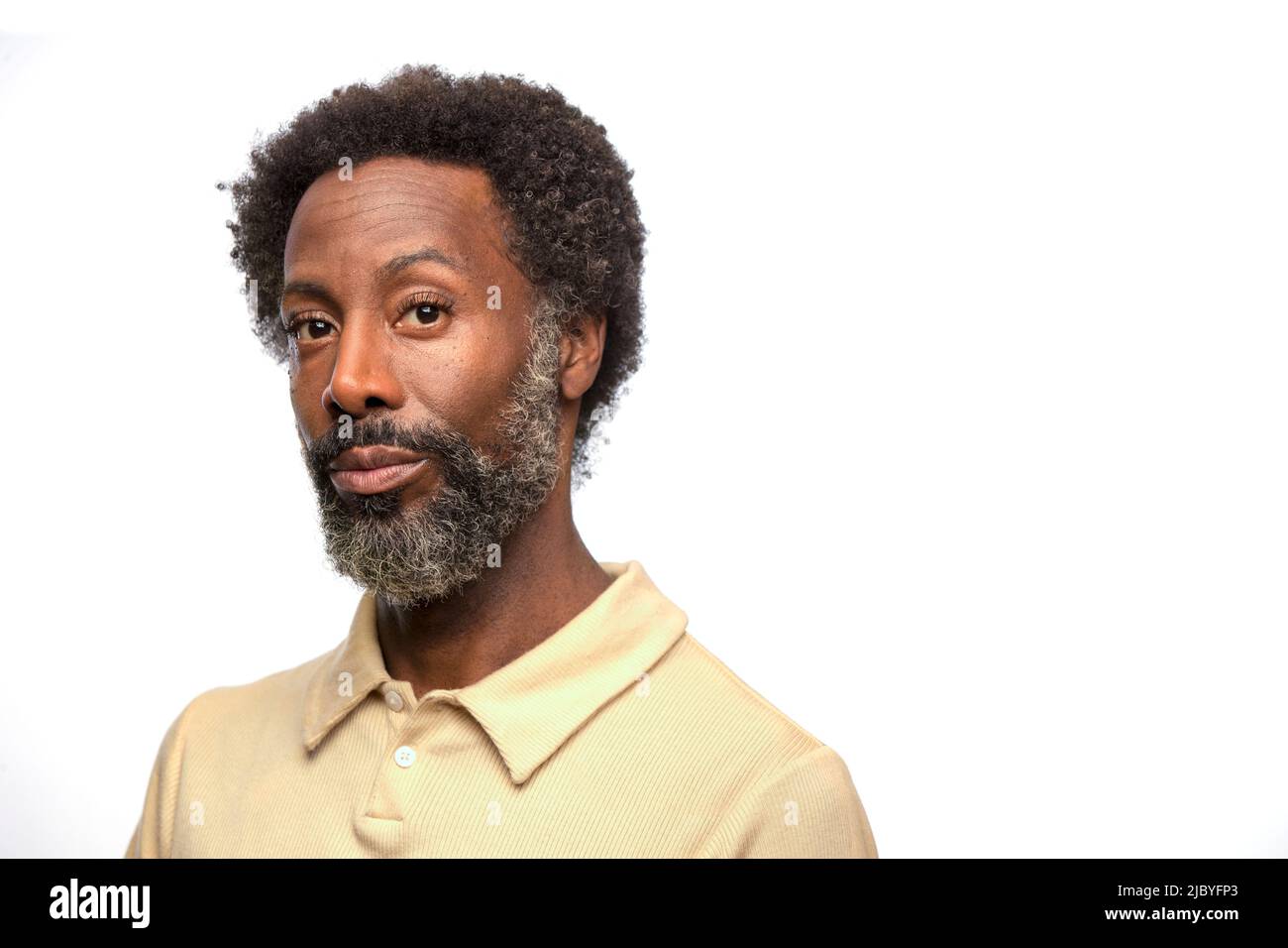 Portrait of middle aged black man with greying beard, looking at camera ...