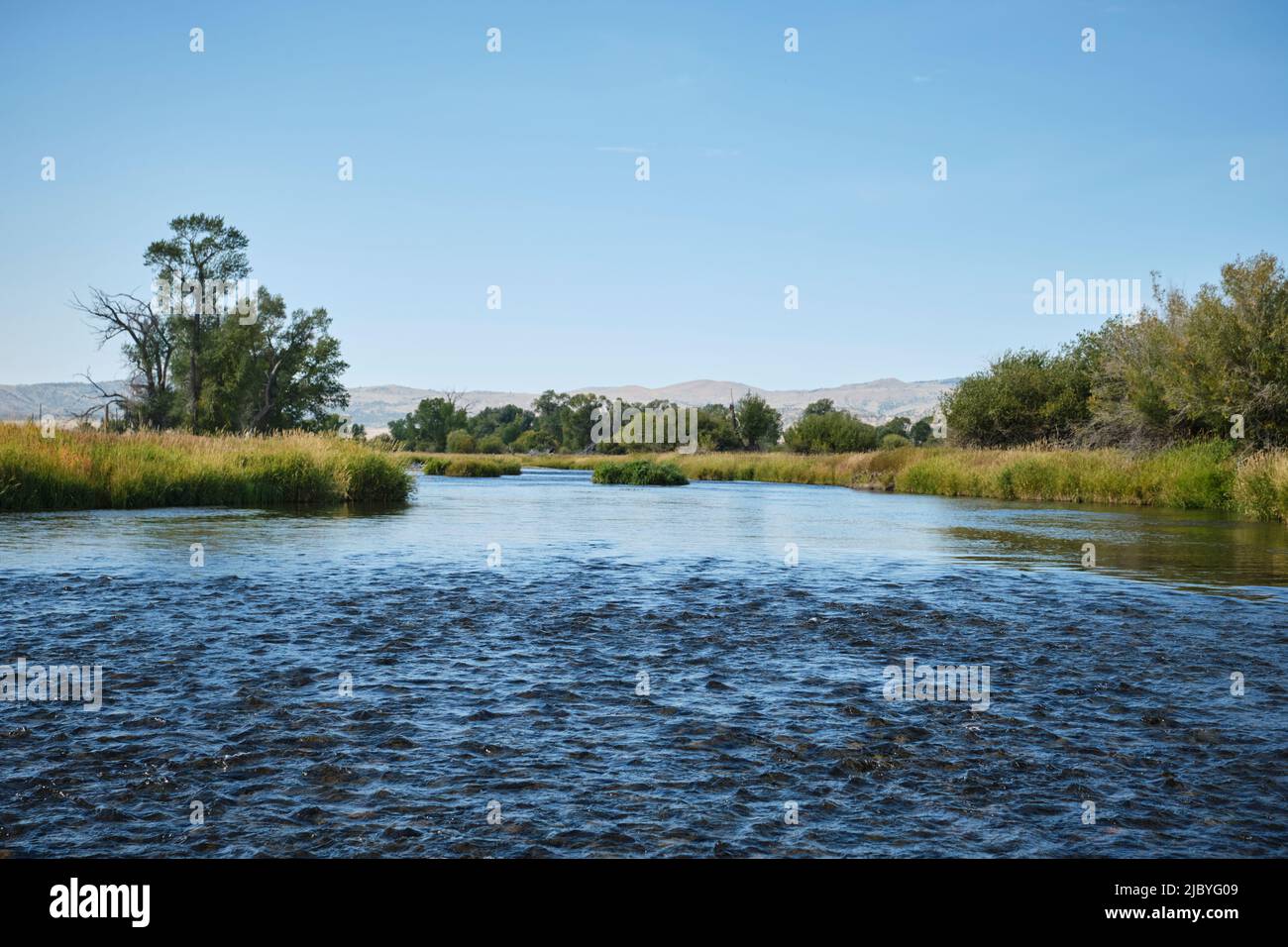 Fly fishing POV looking down a river Stock Photo - Alamy