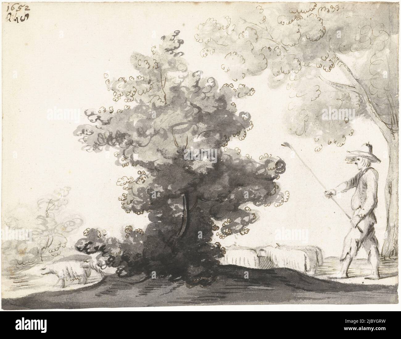 Shepherd with staff and sheep, walking along a bush, Harmen ter Borch ...