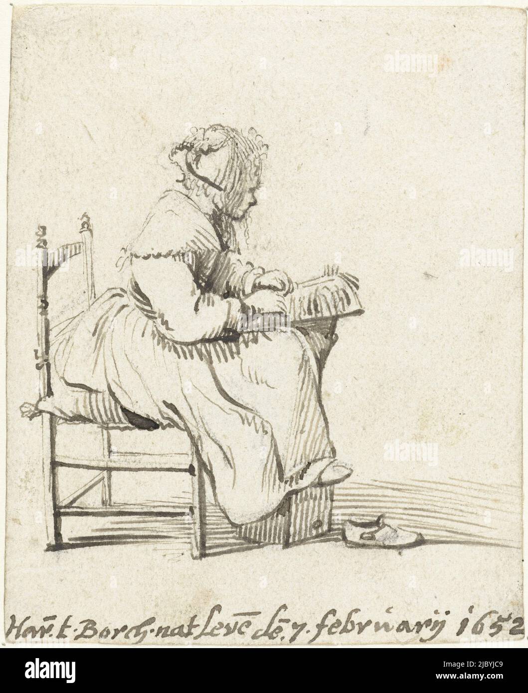 Young woman busy making lace, in profile, Harmen ter Borch, 1652, Young ...