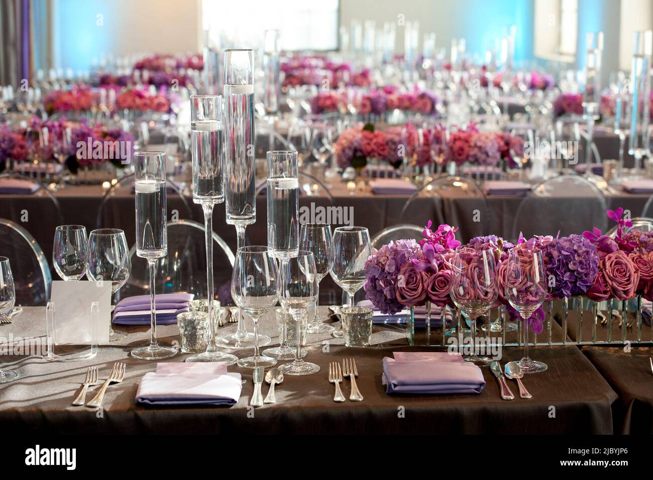 Wide empty shot of table setting at a formal party Stock Photo - Alamy
