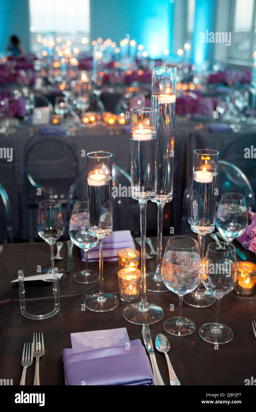High angle vertical empty shot of table setting at a formal party at ...