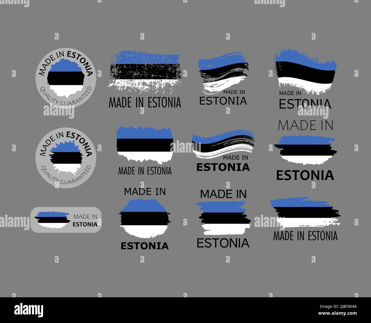 Set of stickers. Made in Estonia. Brush strokes shaped with Estonian ...