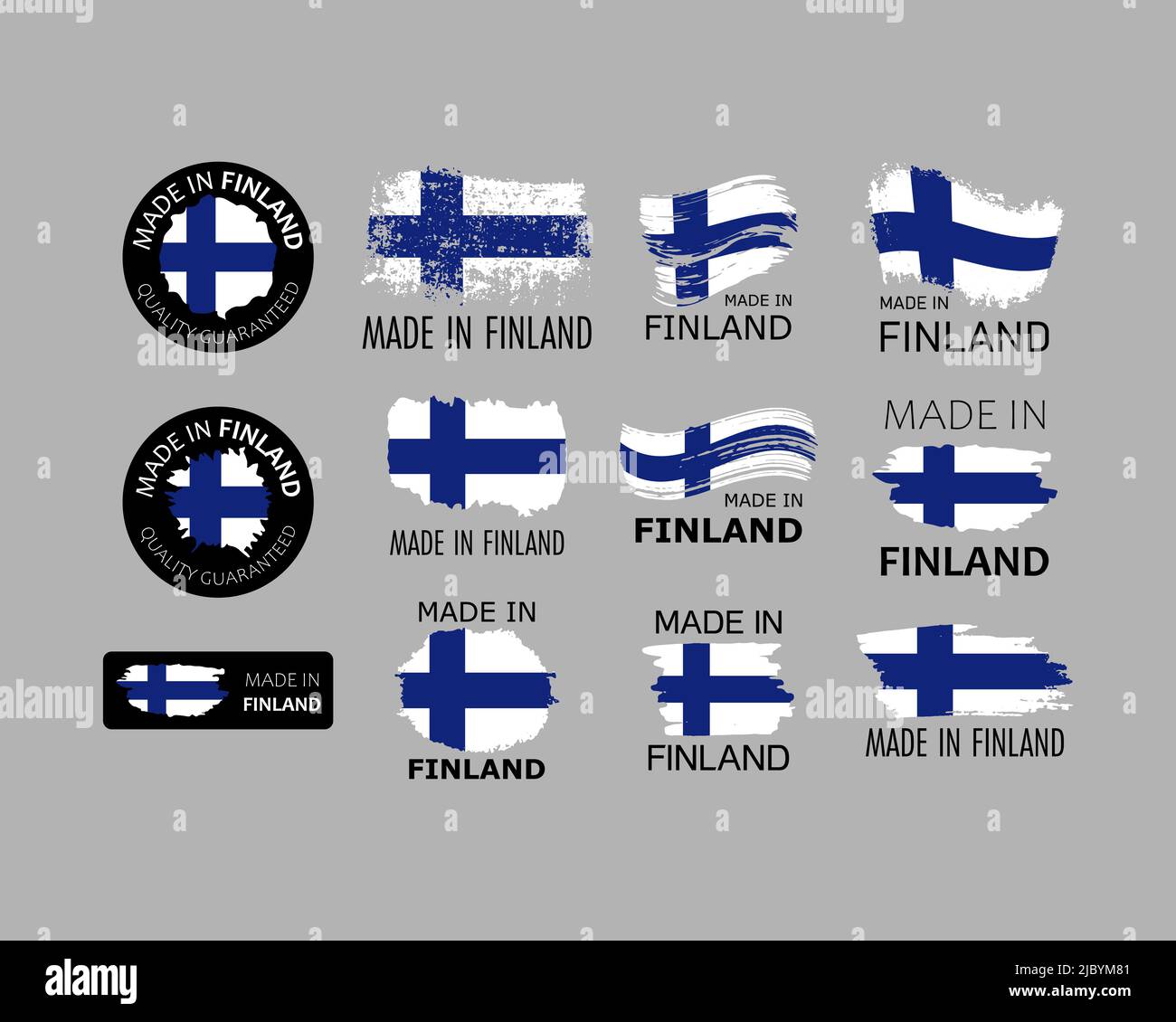 Set of stickers. Made in Finland. Brush strokes shaped with Finnish ...