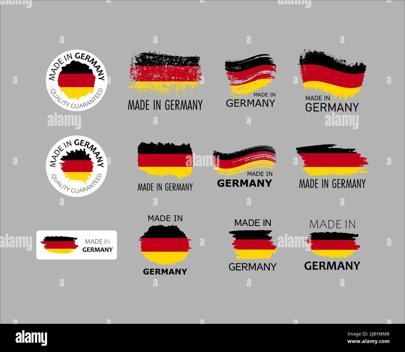 Set of stickers. Made in Germany. Brush strokes shaped with German flag ...
