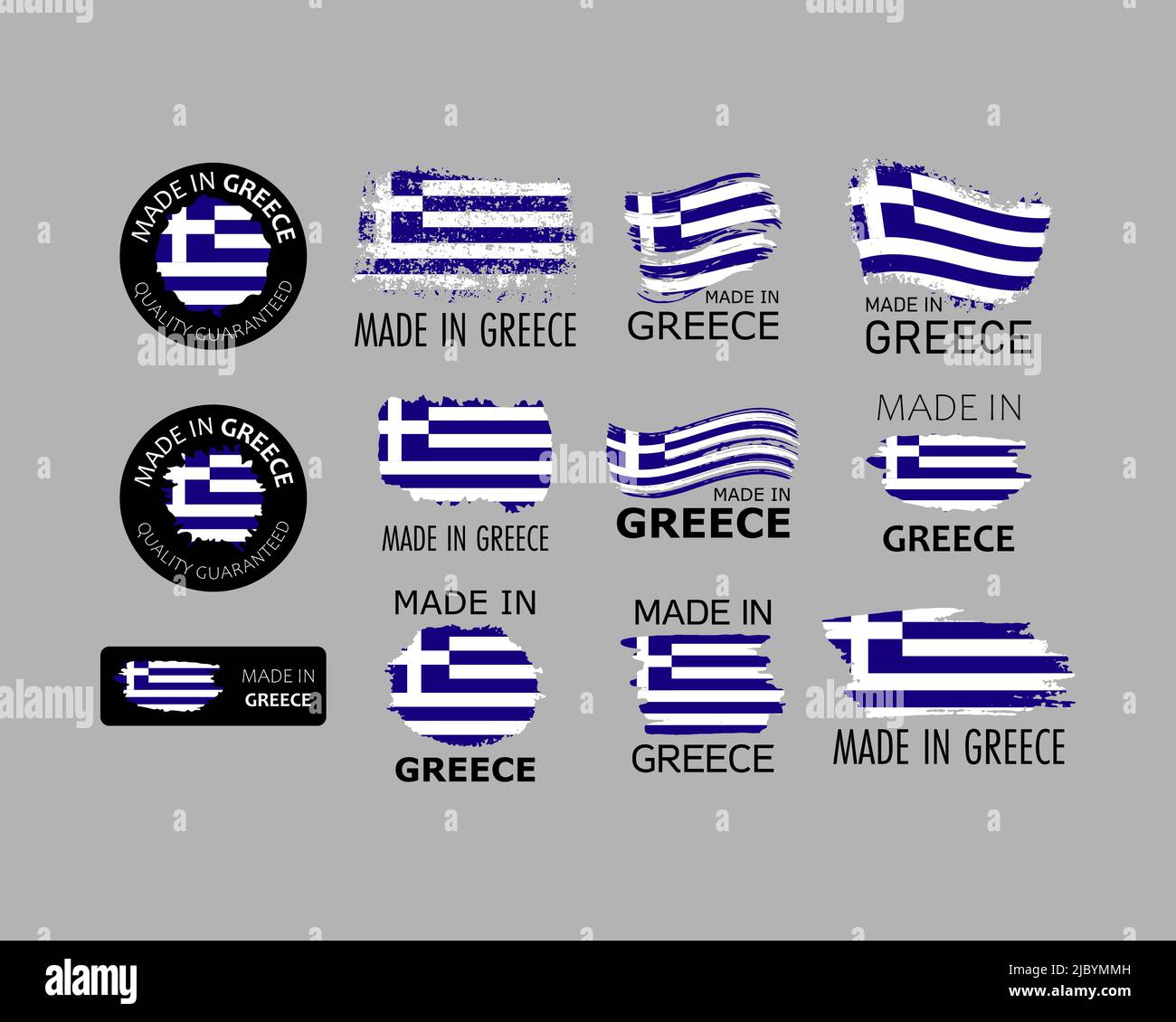 Set of stickers. Made in Greece. Brush strokes shaped with Greek flag ...