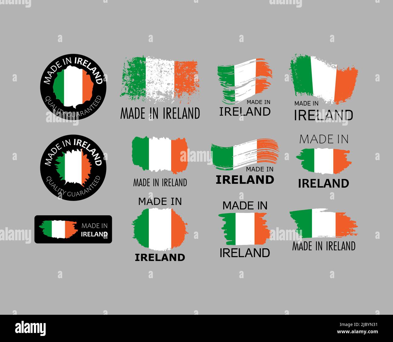 Set of stickers. Made in Ireland. Brush strokes shaped with Irish flag ...