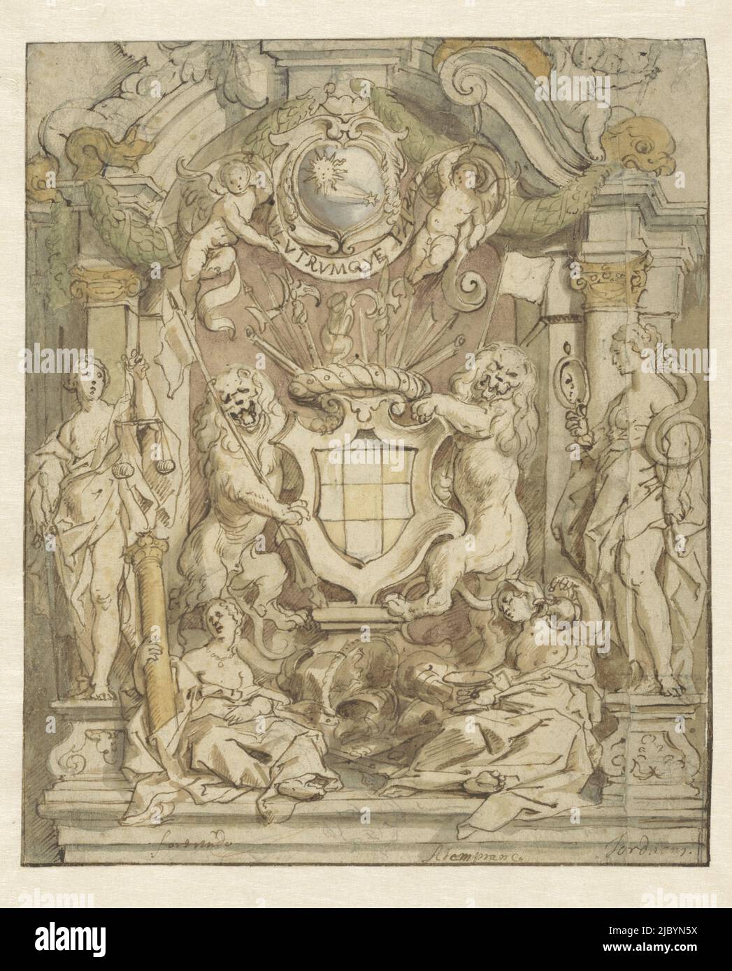The coat of arms of Van der Linden, Jacques Jordaens, 1630 - 1635, Modello with a coat of arms ...