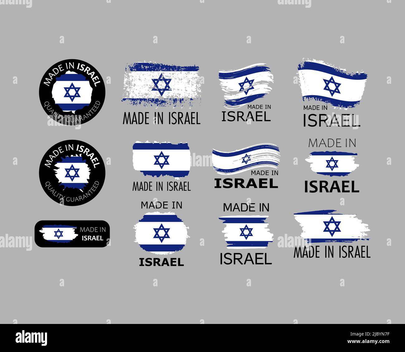 Set of stickers. Made in Israel. Brush strokes shaped with Israeli flag ...