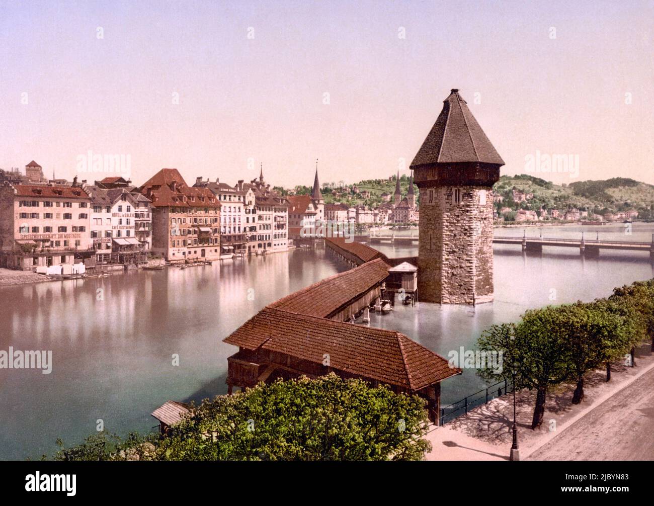 Chapel Bridge and water tower, Lucerne, Switzerland 1890 Stock Photo ...