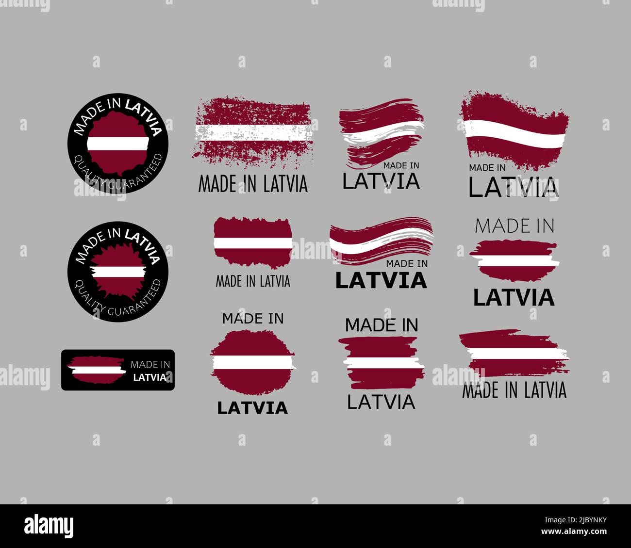 Set of stickers. Made in Latvia. Brush strokes shaped with Latvian flag ...