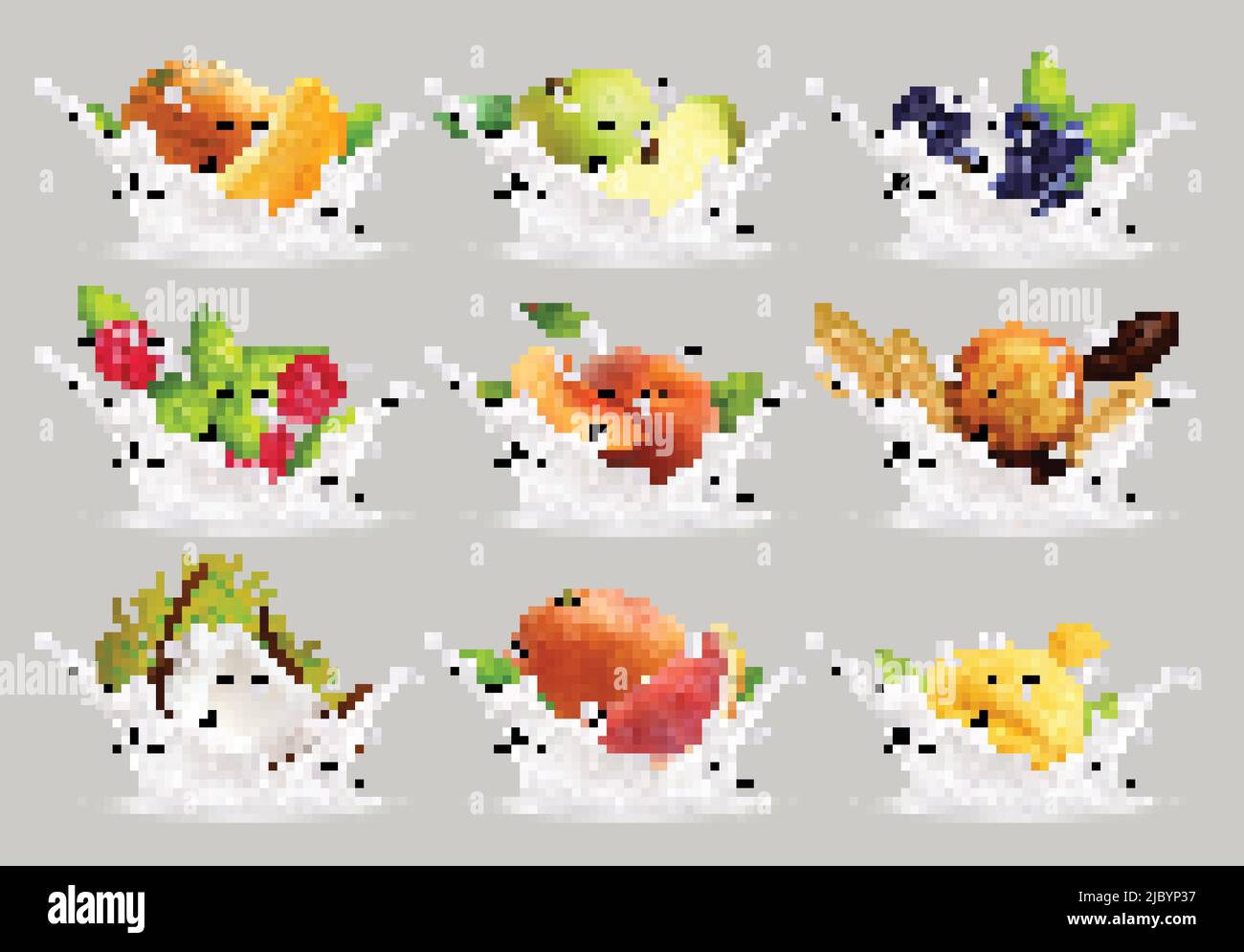 Fruits milk yogurt splashes realistic collection of isolated white ...