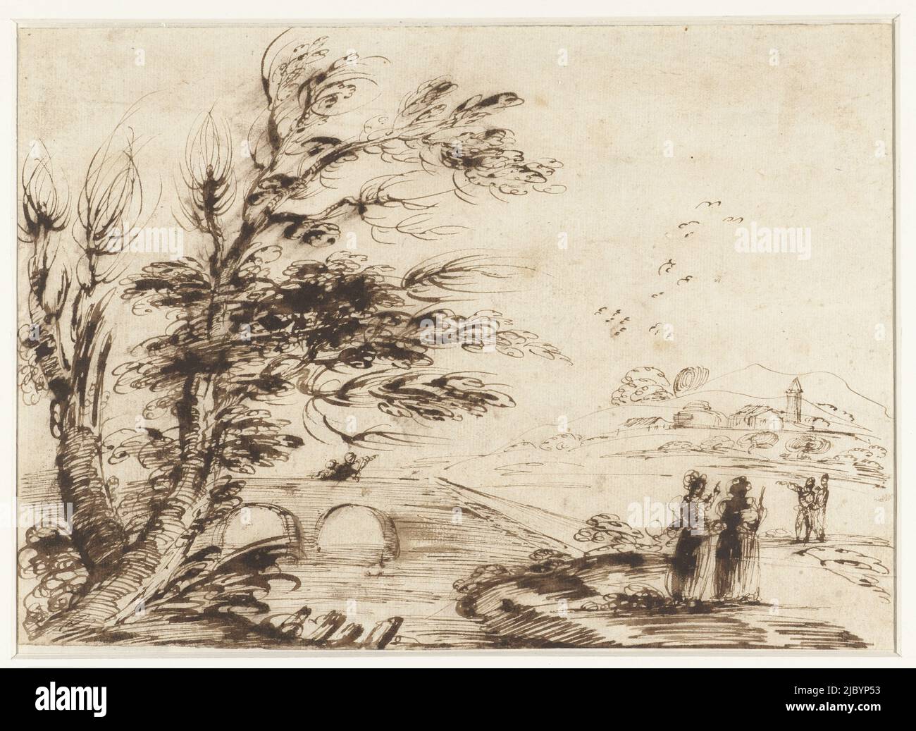 Landscape with a bridge and some figures, Guercino (attributed to ...