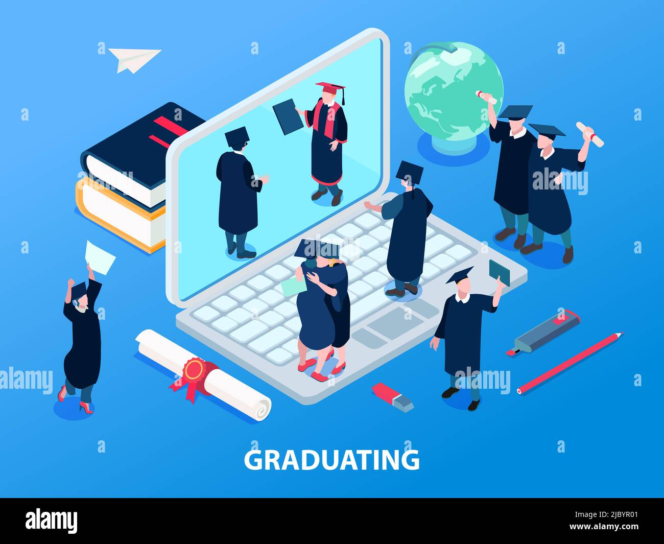 Graduating students and degree concept with academic staff symbols ...