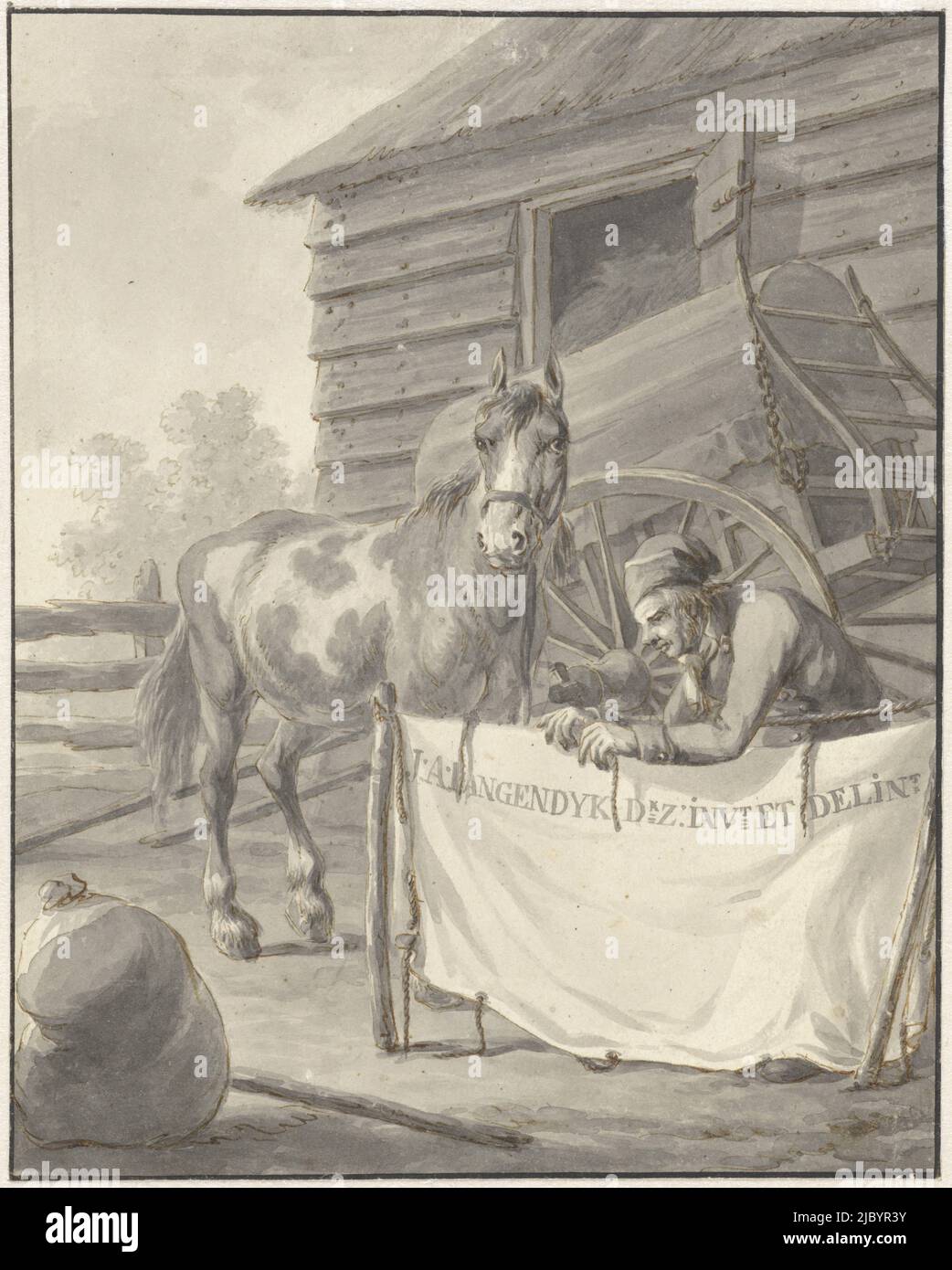 Man with horse in front of stable, Jan Anthonie Langendijk Dzn, 1790 ...