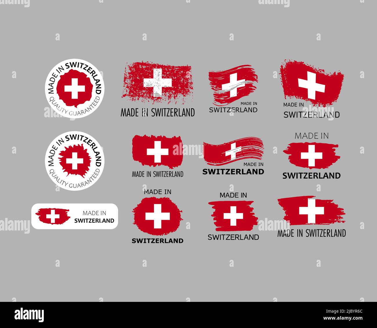 Set of stickers. Made in Switzerland. Brush strokes shaped with Swiss ...