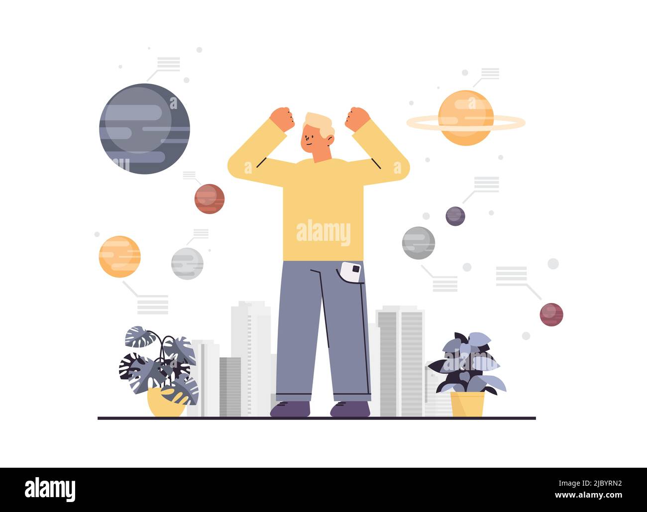 casual man looking on solar system exploration astronomy concept full ...